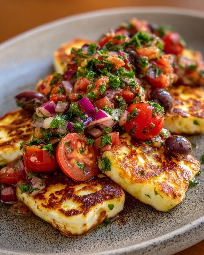 Grilled Halloumi with Tomato and Olive Salsa - EASY RECIPES