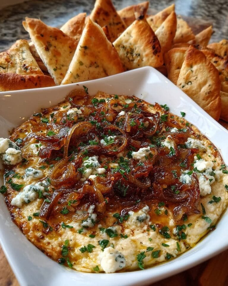 Caramelized Onion and Blue Cheese Dip with Herb Pita Chips - EASY RECIPES