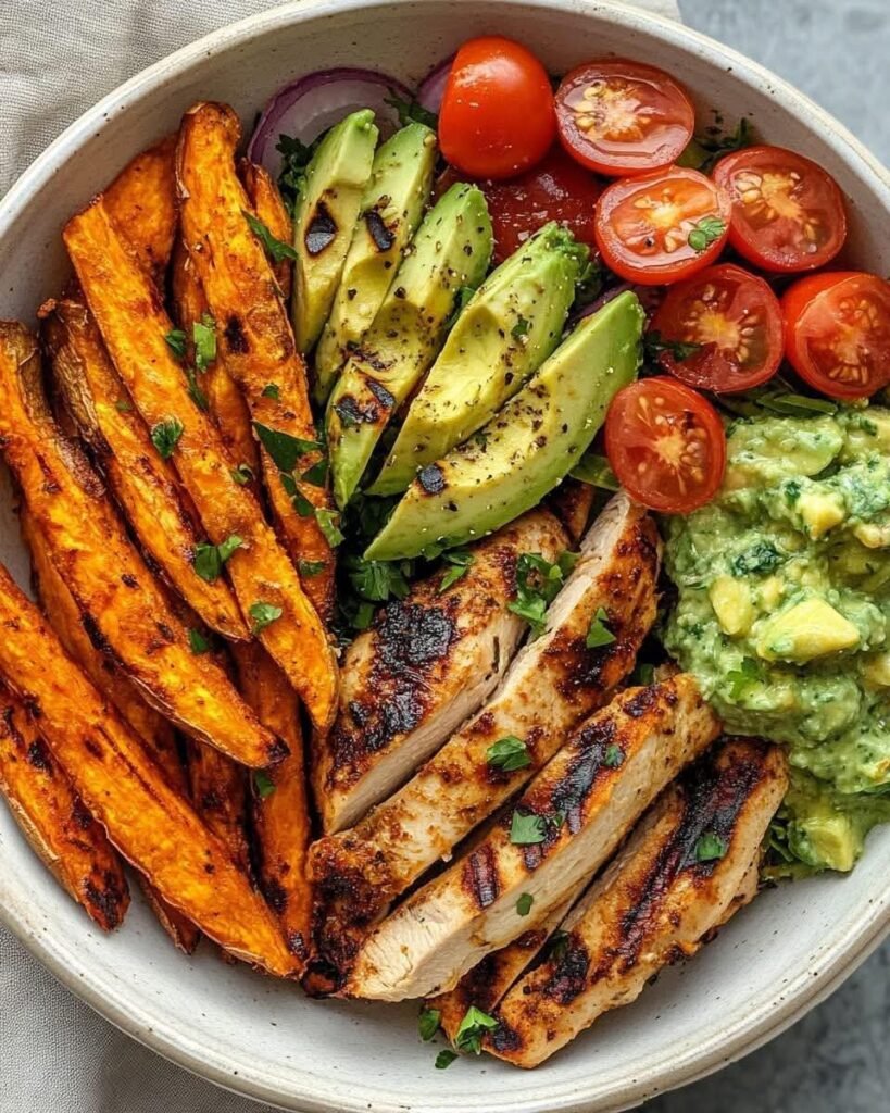 Mediterranean Ultimate Garlic Chicken Bowl With Sweet Potato Fries ...