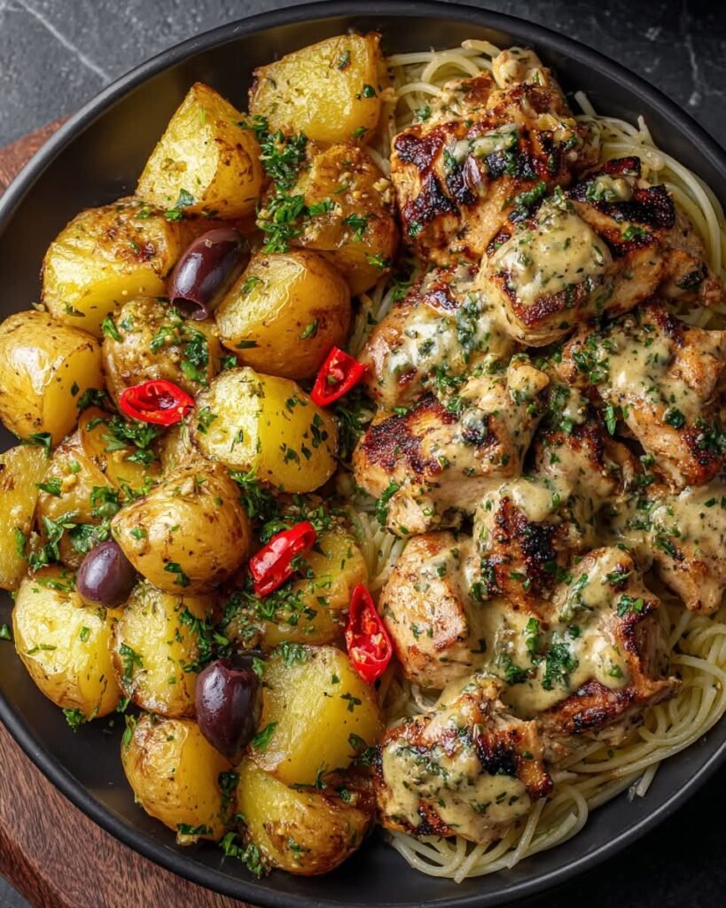 Mediterranean Creamy Chicken with Potatoes, Olives and Spaghetti - EASY ...