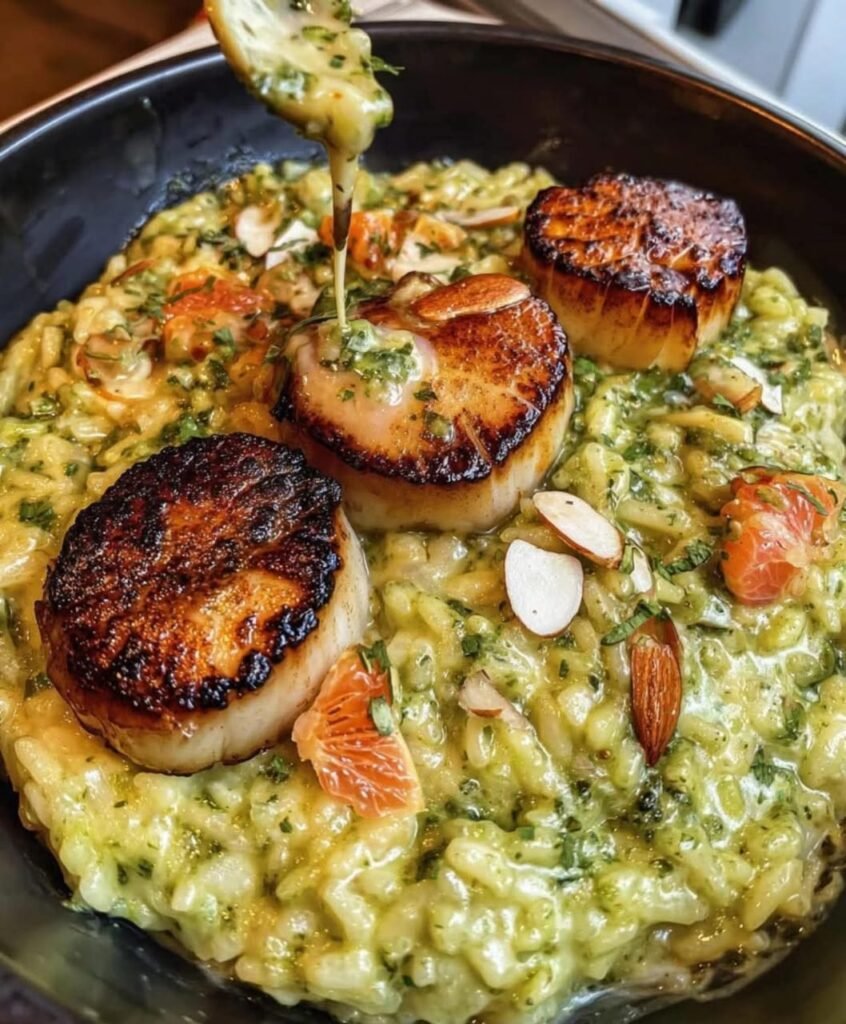 Mediterranean Seared Scallops with Creamy Pesto Risotto - EASY RECIPES