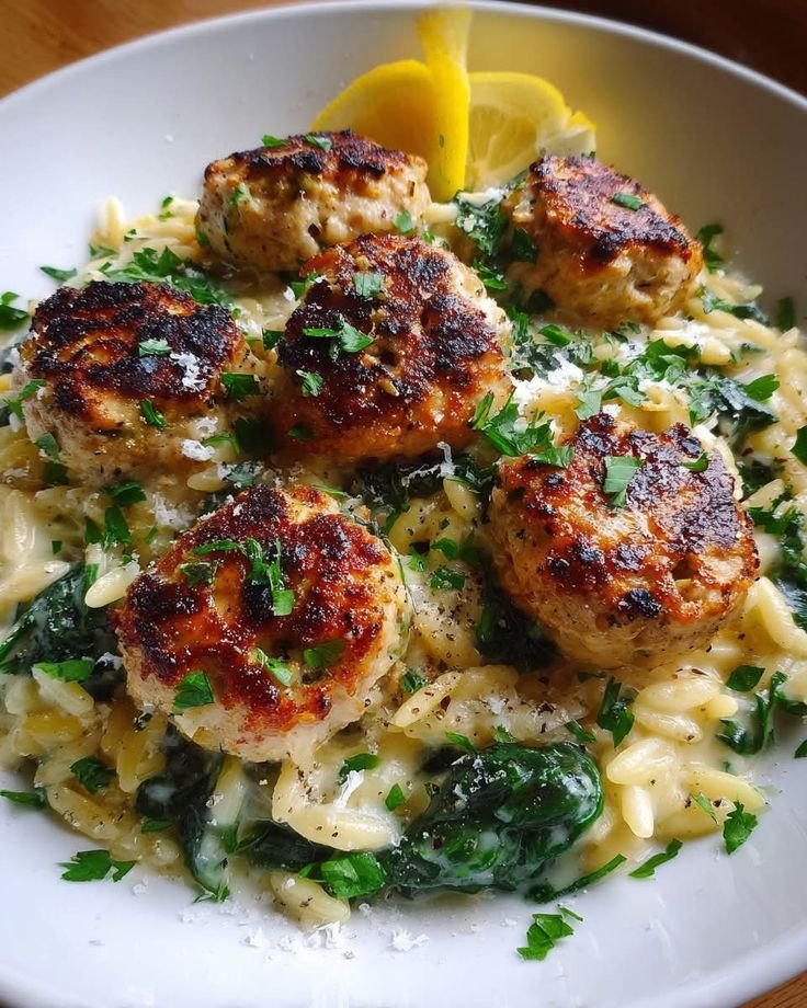 Creamy Lemon Chicken Meatballs with Spinach and Garlic Orzo - EASY RECIPES