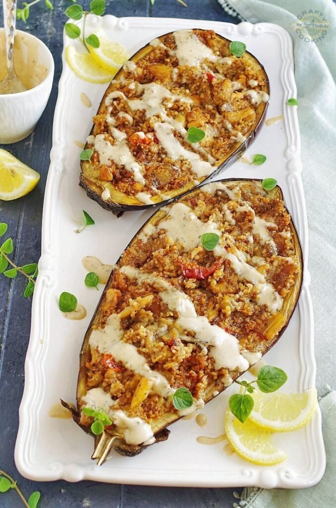 Mediterranean Stuffed Eggplant Boats with Quinoa, Chickpeas & Tahini ...