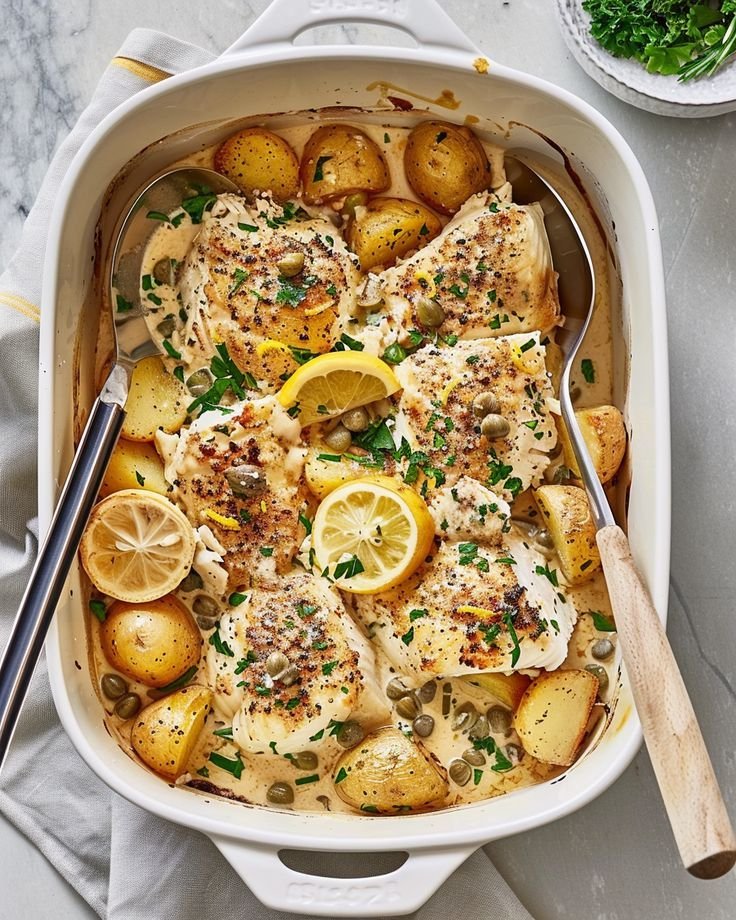Mediterranean Lemon Garlic Baked Fish with Herb Potatoes & Yogurt Sauce ...