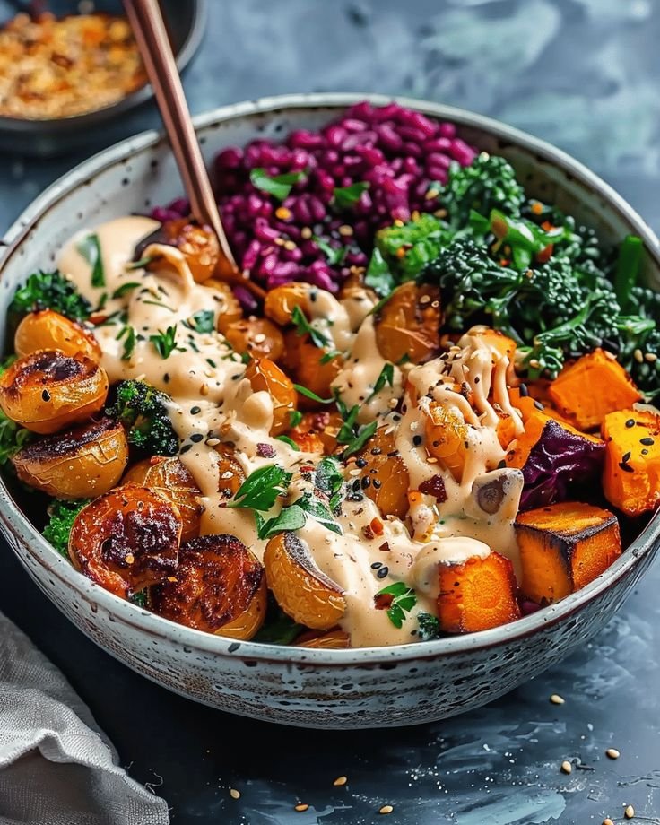 Roasted Eggplant & Chickpea Mediterranean Bowl with Lemon Tahini Sauce ...