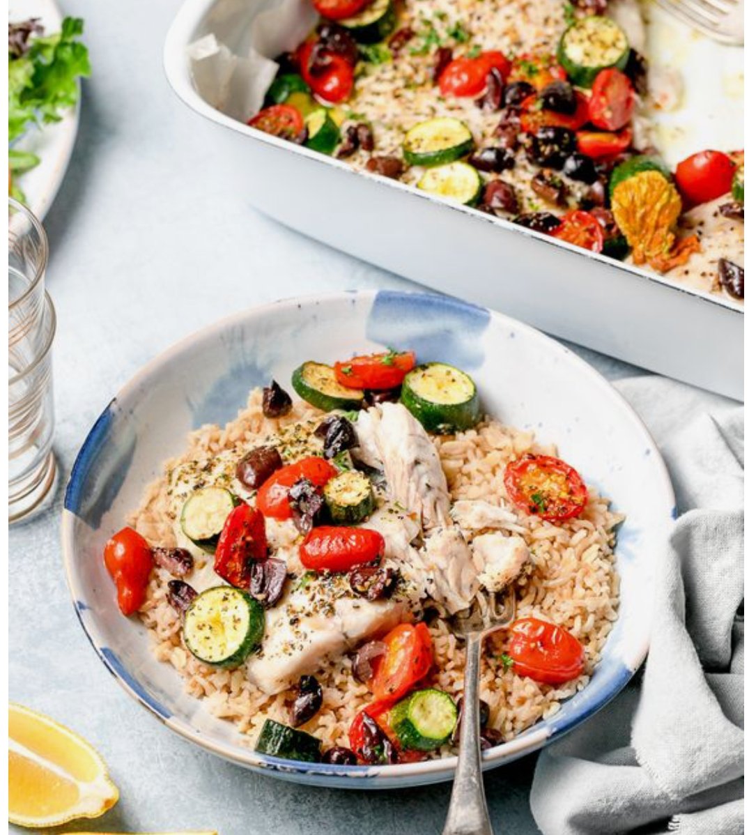 Mediterranean Rice Bowl with Baked Fish & Veggies - EASY RECIPES