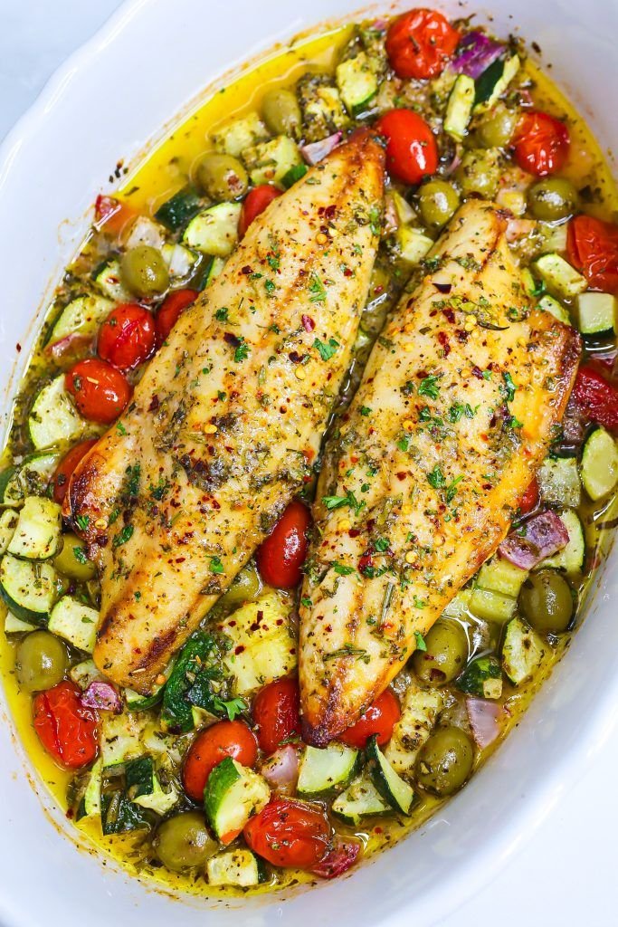 Mediterranean lemon-herb baked fish with roasted cherry tomatoes ...