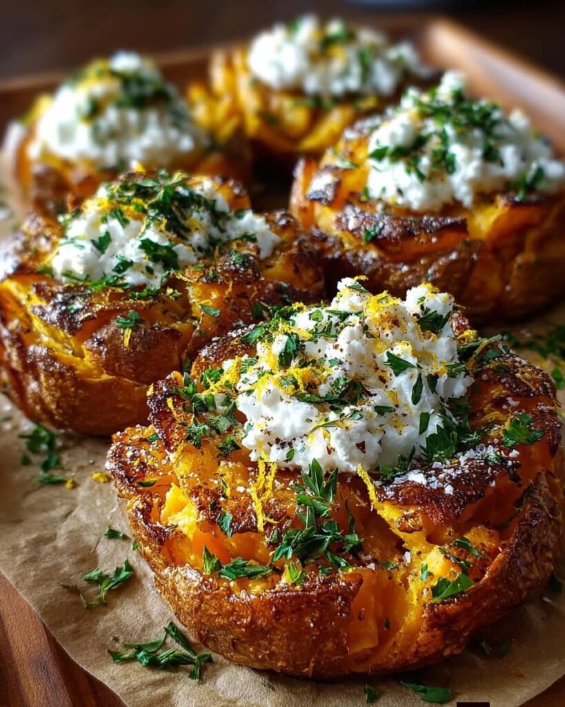 Golden Smashed Sweet Potatoes with Whipped Feta, Lemon & Honey Drizzle ...
